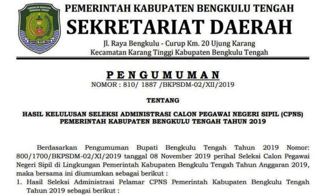 Pemkab Benteng Umumkan Hasil Seleksi Administrasi CPNS 2019 Pemkab Benteng Umumkan Hasil Seleksi Administrasi CPNS 2019